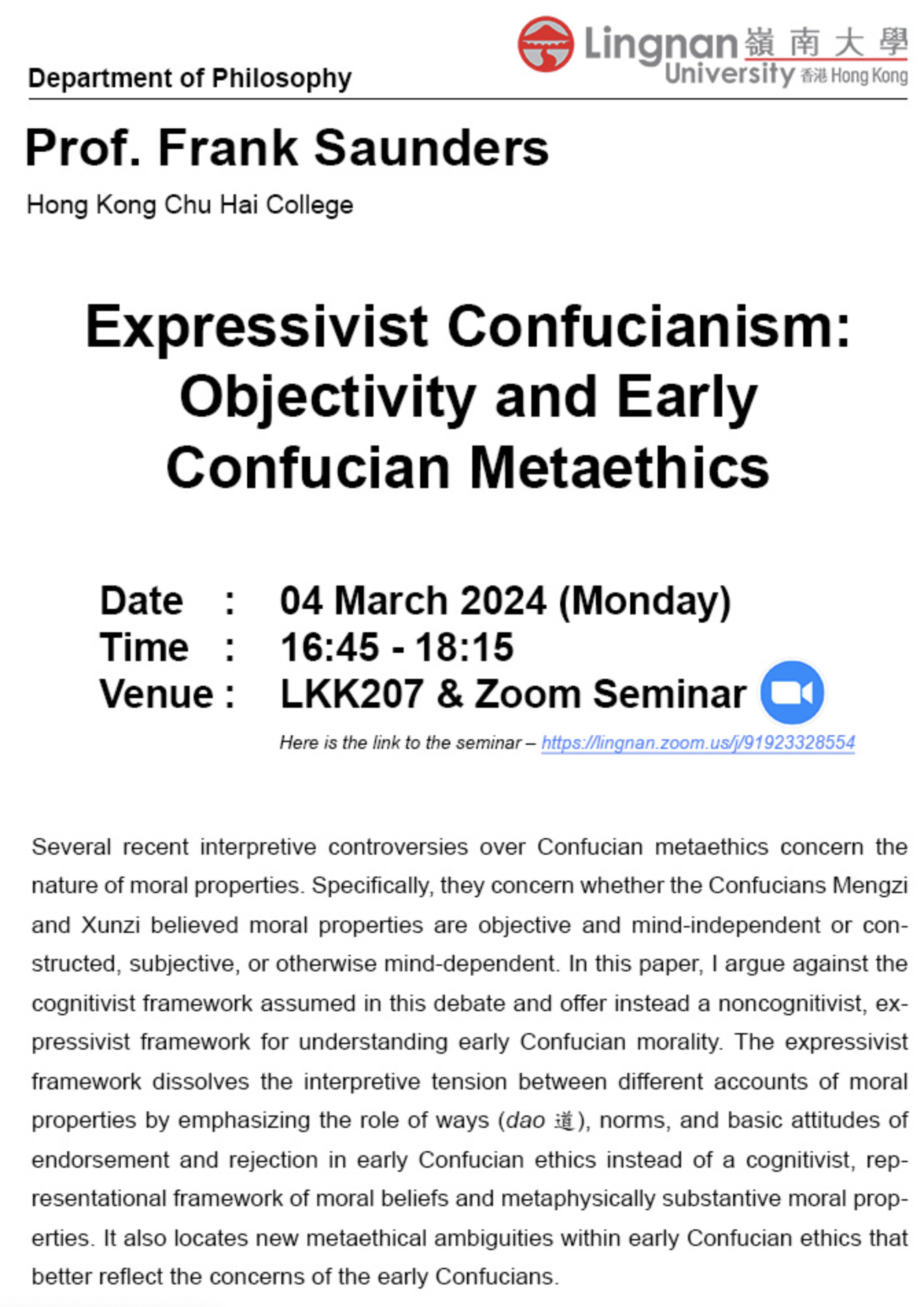 Giving a talk at Lingnan University – Analyses by Frank Saunders Jr